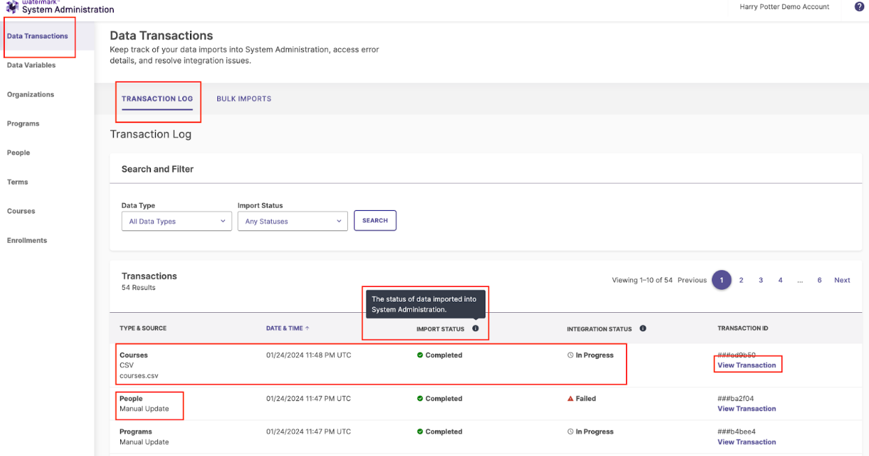 Viewing Transaction Statuses – Watermark