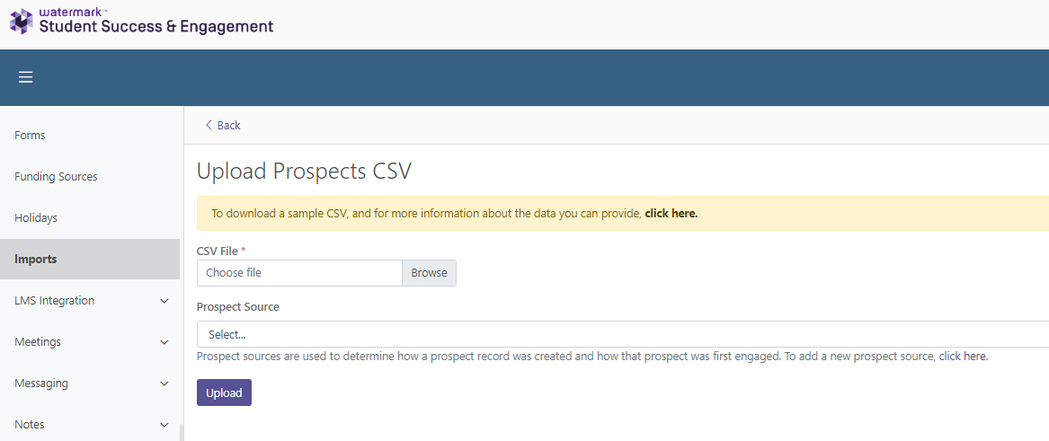 Imports Administration - CSV File Prospects Upload – Watermark