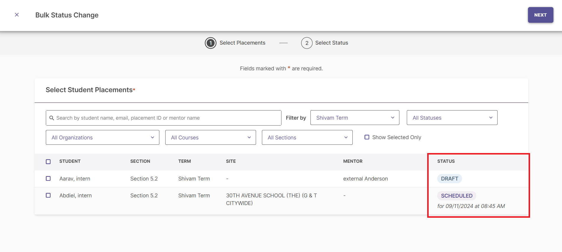 Placement Management - Change Placement Statuses in Bulk – Watermark